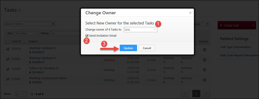 How To Bulk Update Task Owner In Tasks List Leadsquared Help And Support