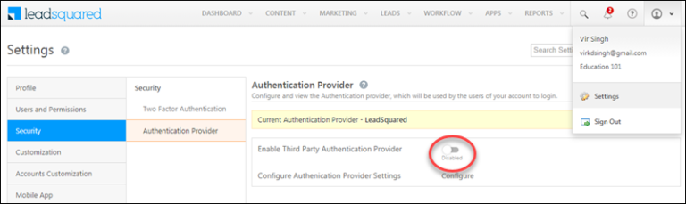 Authentication Provider Settings in LeadSquared - Help & Support
