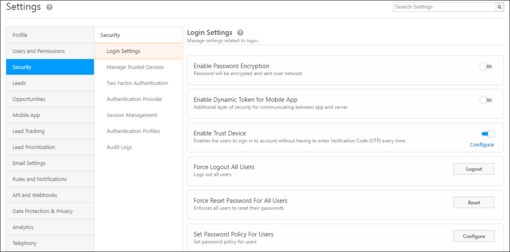LeadSquared Security Settings - Login Settings - Help & Support