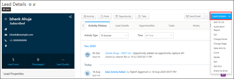 Lead Details Page - Help & Support
