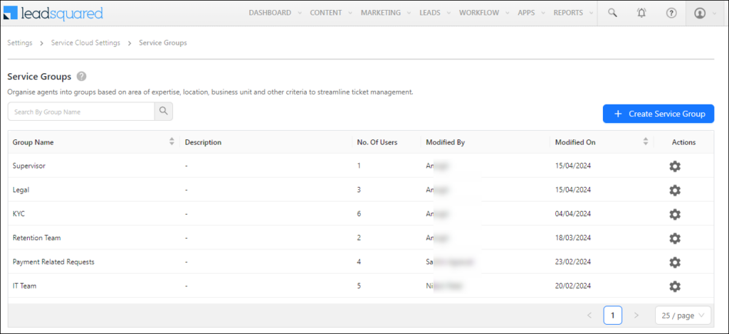 Service Groups - LeadSquared Help and Support
