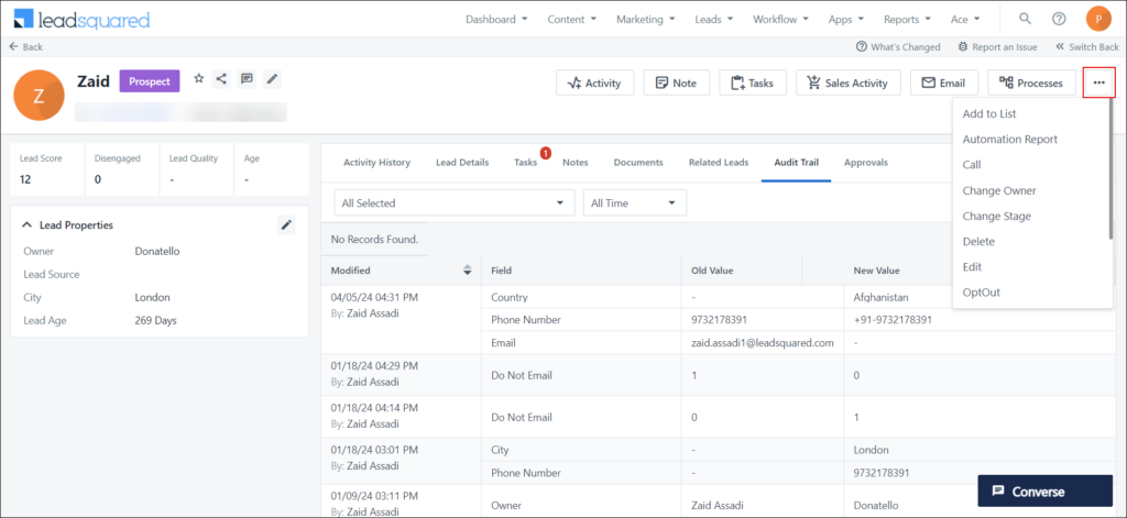 Lead Details Page - Help & Support